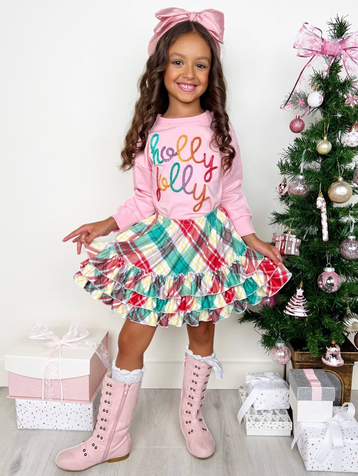 Mia Belle Holly Jolly Top and Plaid Ruffle Skirt | HONEYPIEKIDS